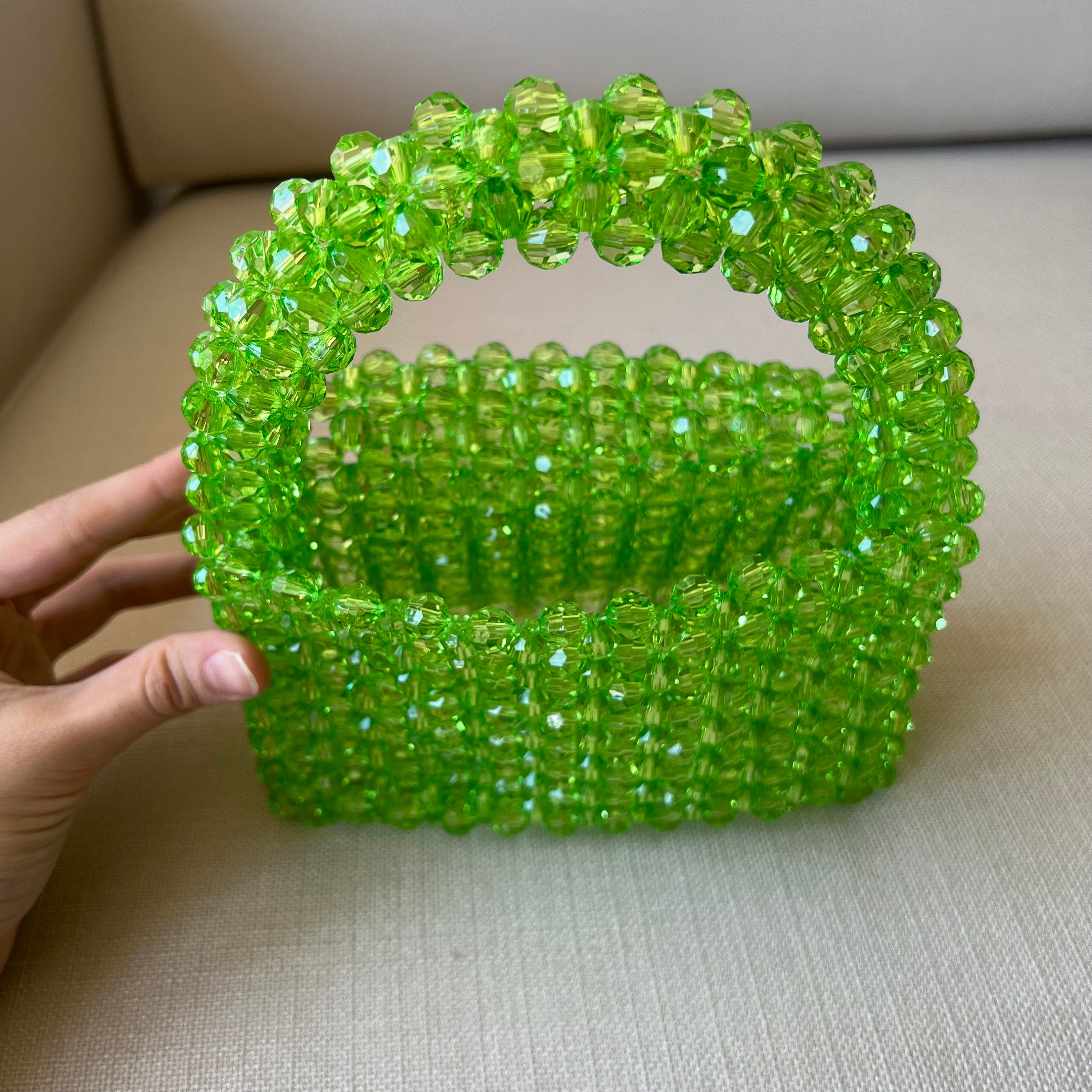 Green Crystal Bead Bag, Top Handle Bead Bag, Women Bead Bag, Bead ...