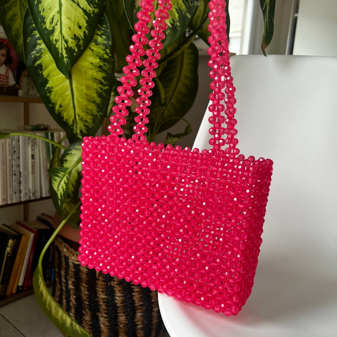 Pink Crystal Bead Bag, Bead Shoulder Bag, Women Bead Bag, Fuchsia ...