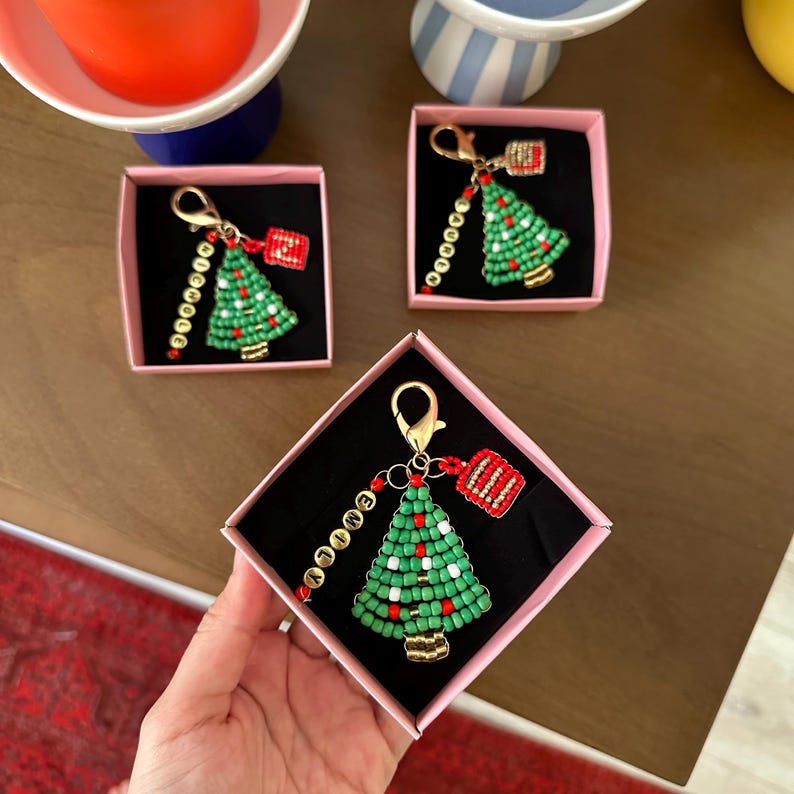 Christmas Keychain With Name, Christmas Bag Charm, Personalized Beaded ...