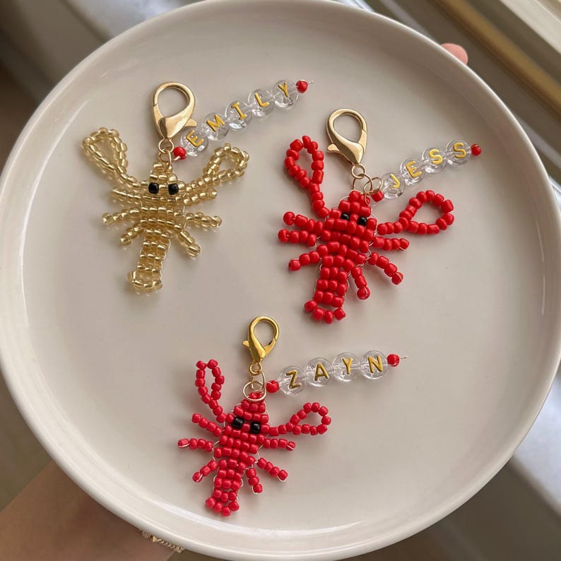 Lobster Bag Charm, Lobster Beaded Keychain, Personalised Name Keyring ...