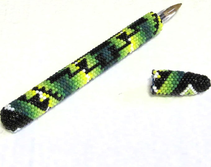 Hand Beaded Indian Maiden Bic Pen Traditional Peyote Stitch Seed Bead ...
