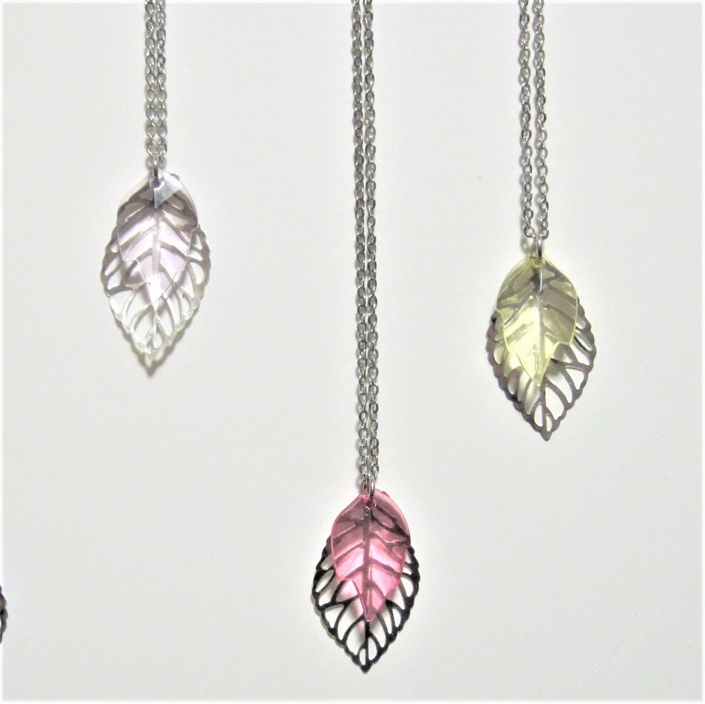 Double Leaf Pendant Necklace You Choose Color 20 Inch Chain Silver ...