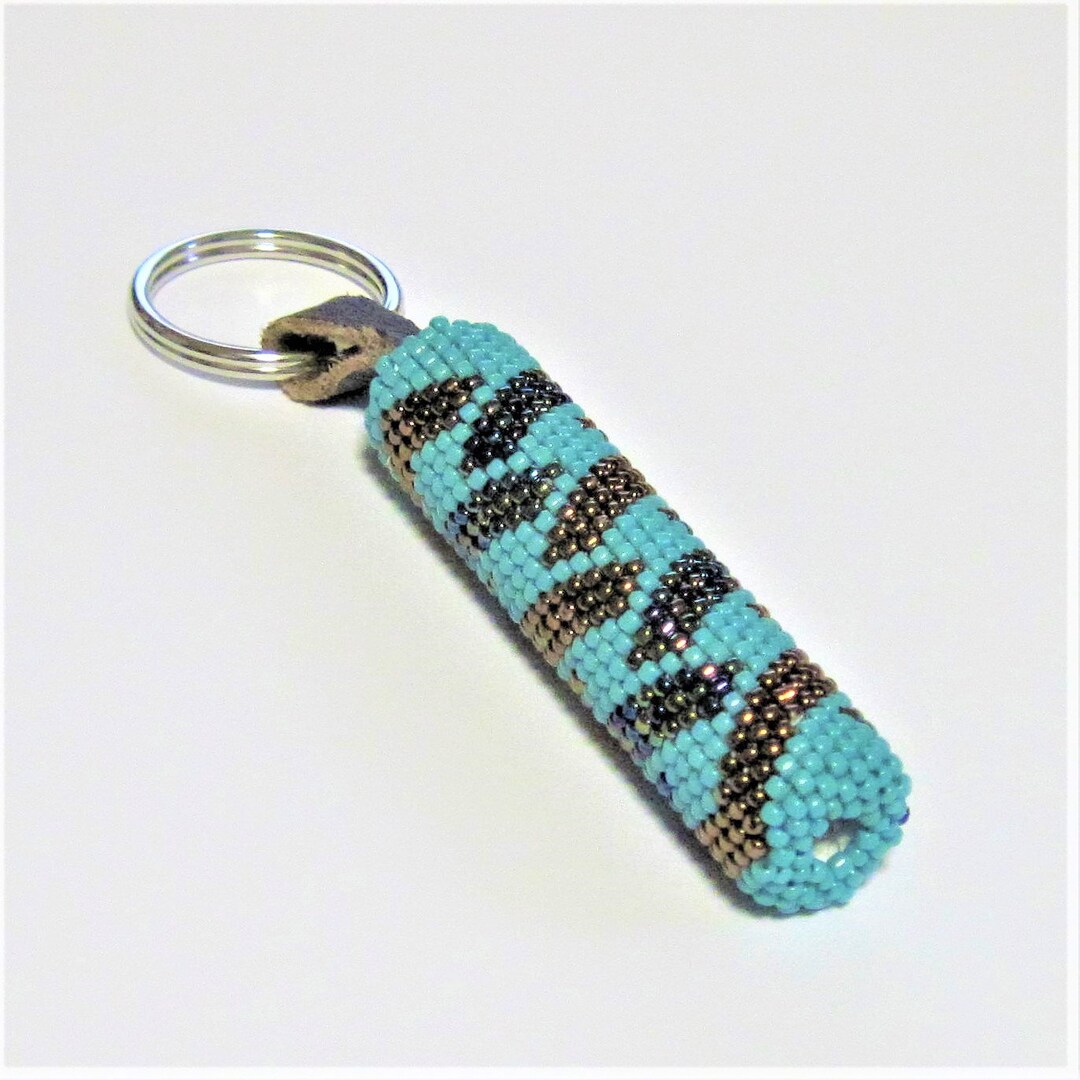 Hand Beaded Keychain Key Ring Traditional Peyote Stitch Leather Loop ...