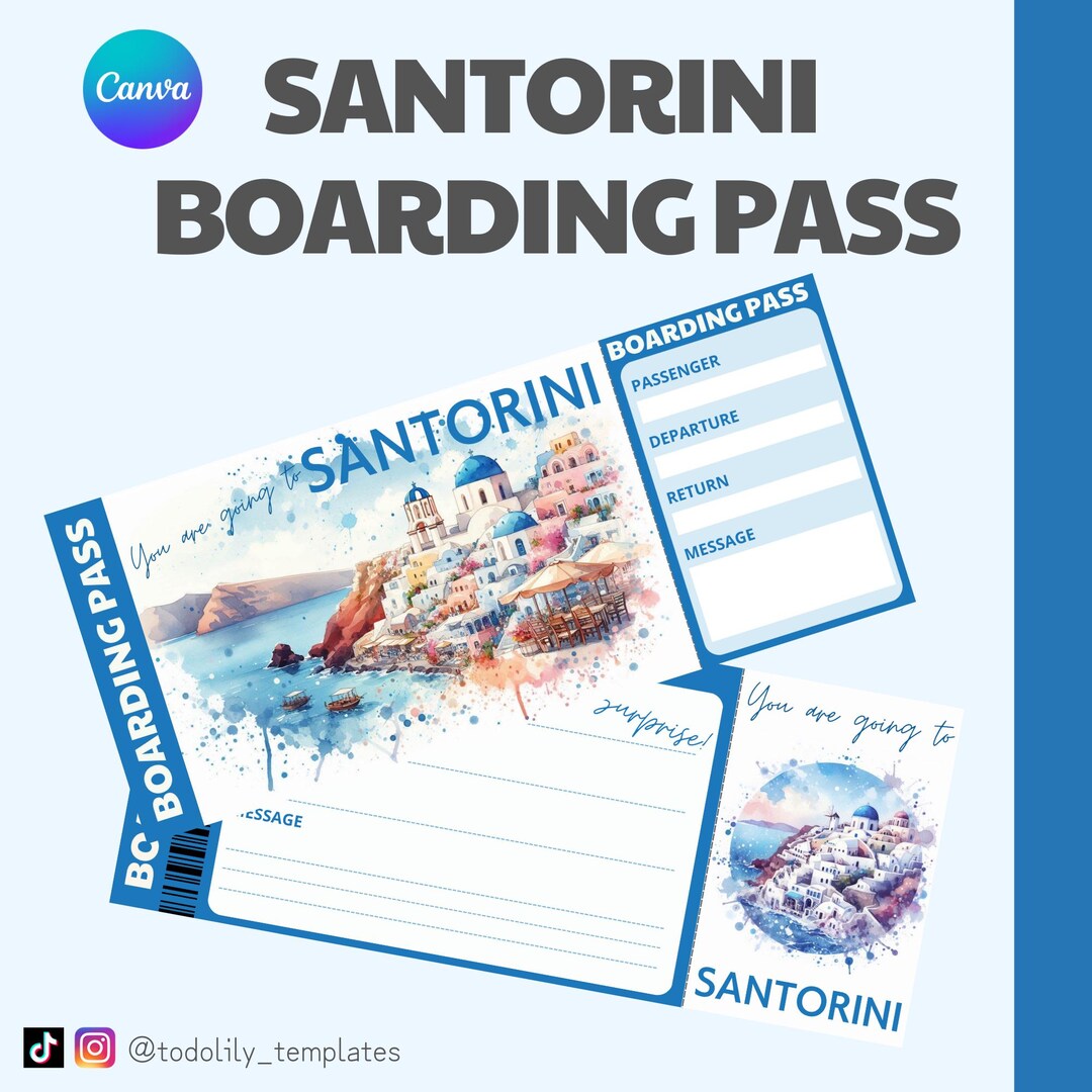 Santorini boarding pass ticket voucher, editable Canva surprise gift ...