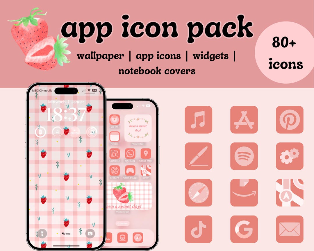 Cute Strawberry Digital Bundle, Pack: Wallpapers, App Icons, Notebook ...
