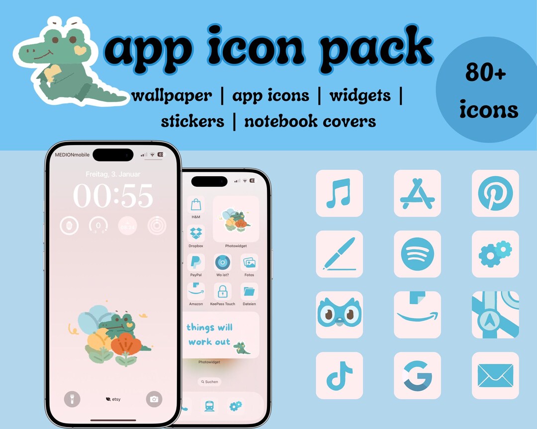 Cute Crocodile Digital Bundle, Pack: Wallpapers, App Icons, Notebook ...