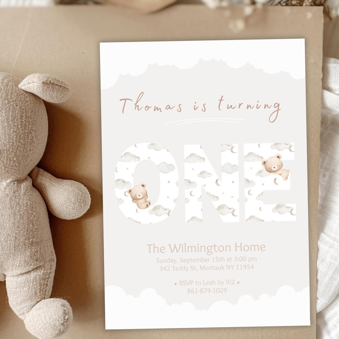 Editable First Birthday Bear Theme Invitation, Template Neutral Baby ...