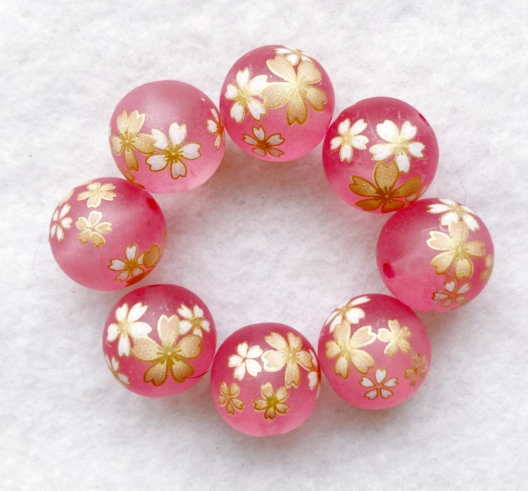 CHOICE 12mm JAPANESE TENSHA Beads Gold and White Sakura on Pink Frost ...