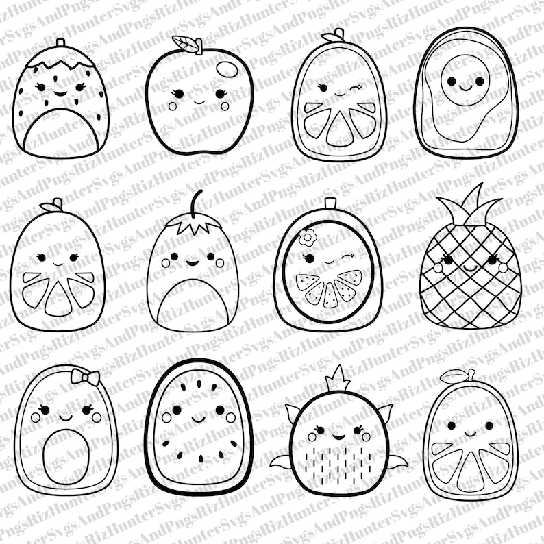 12 Squishmallow Fruit Outline PNG SVG Clipart Cricut Designs Bundle Images on Transparent ...