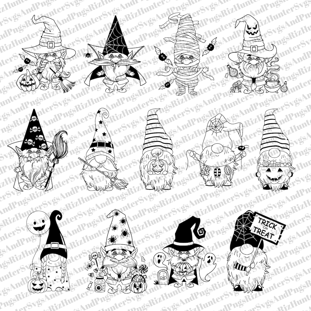 13 Halloween Gnomes Outline PNG SVG Clipart Cricut Designs Bundle ...