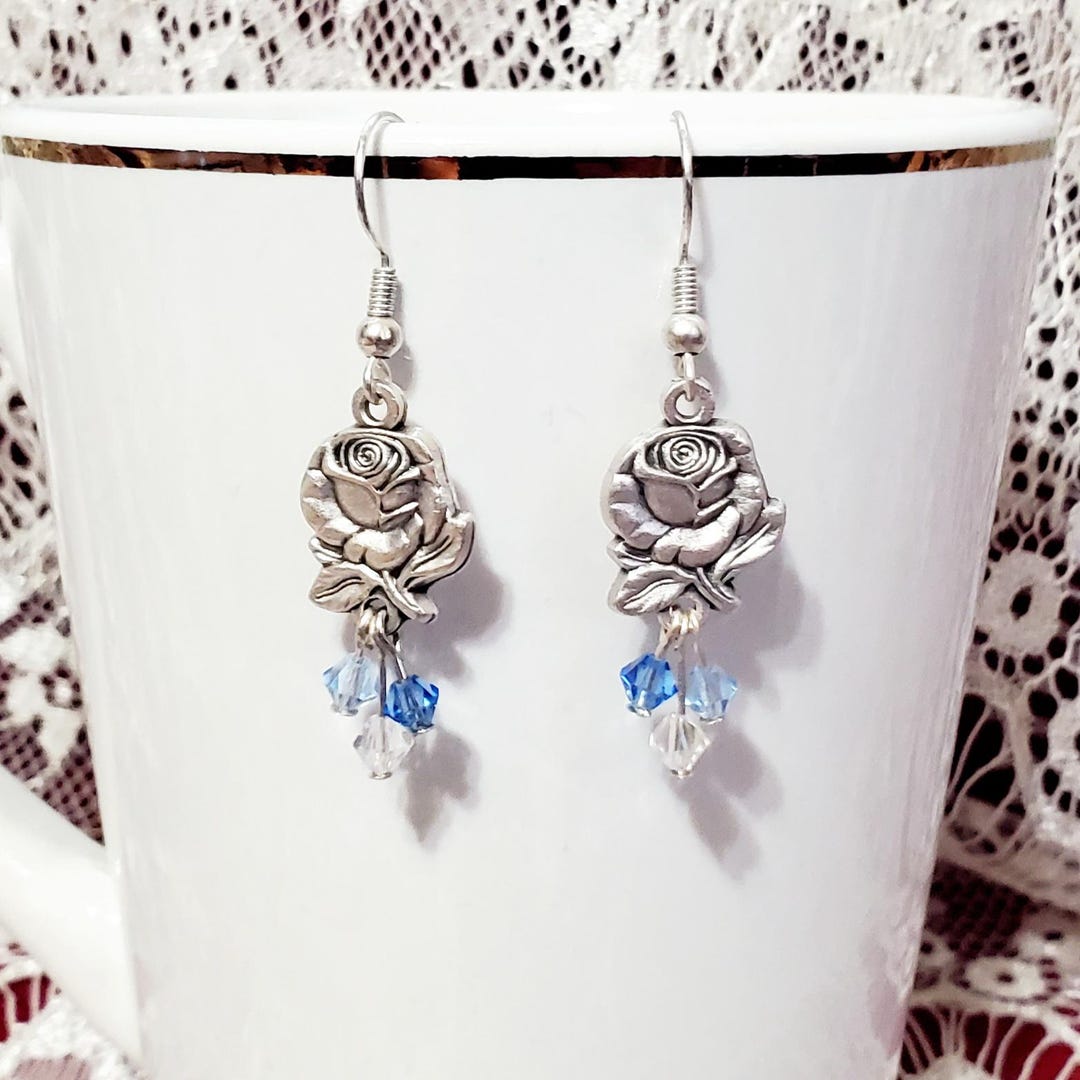 Our Lady of Lourdes Earrings: Blessed Virgin Mary Rosebud Blue Crystal ...