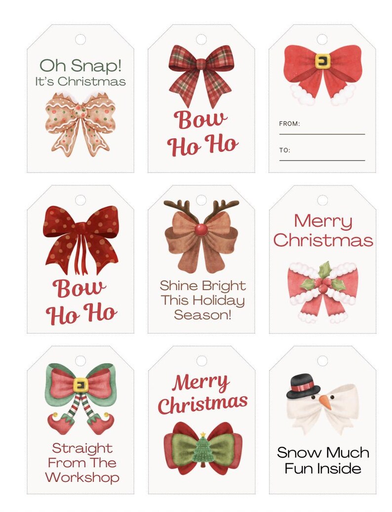 Christmas Bow Gift Tags Printable, Festive Holiday Gift Tag Set ...