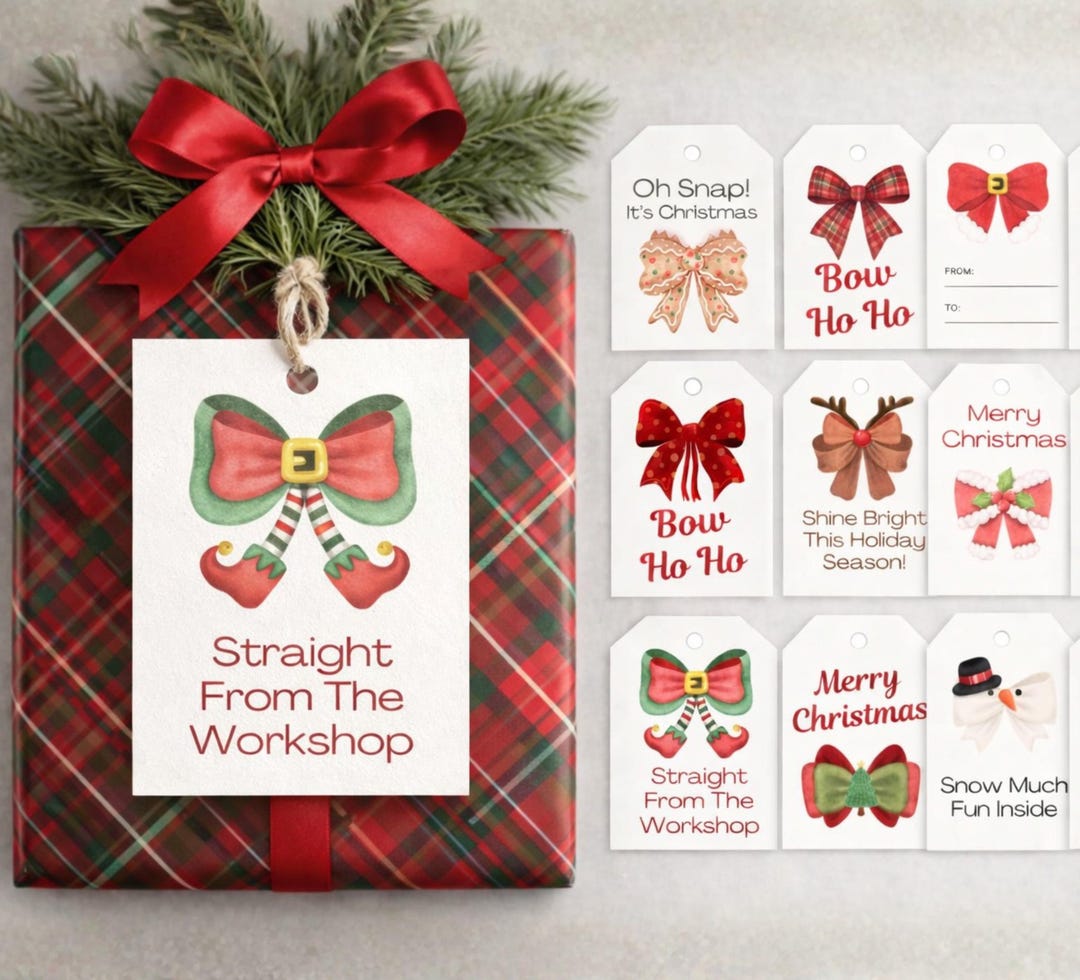 Christmas Bow Gift Tags Printable, Festive Holiday Gift Tag Set ...