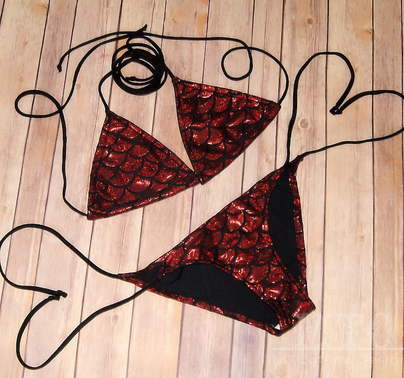 Red Metallic Glitter Mermaid Scales Bikini Bra Top Tie Waisted Rave Set ...