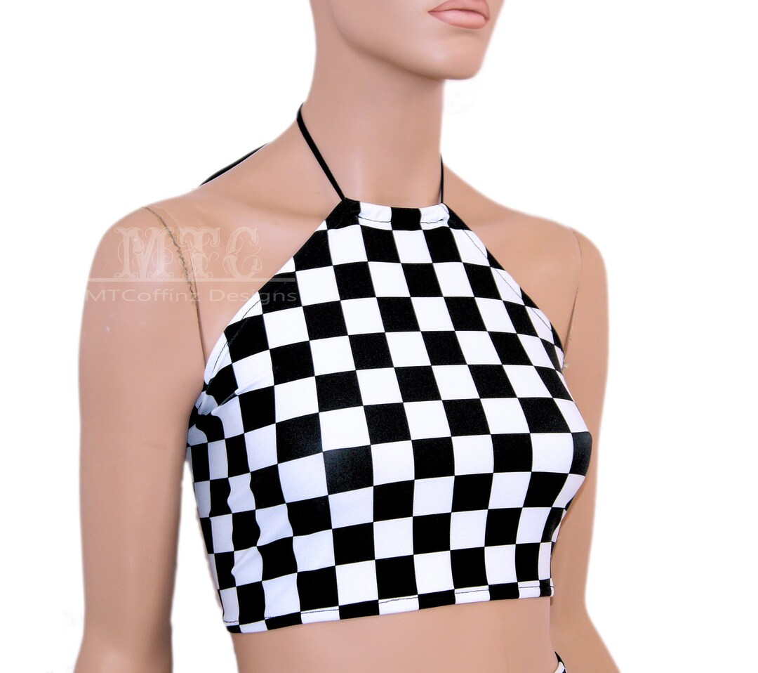 Checkerboard Race Flag Checkered Black White Check Halter Corset Lacing ...