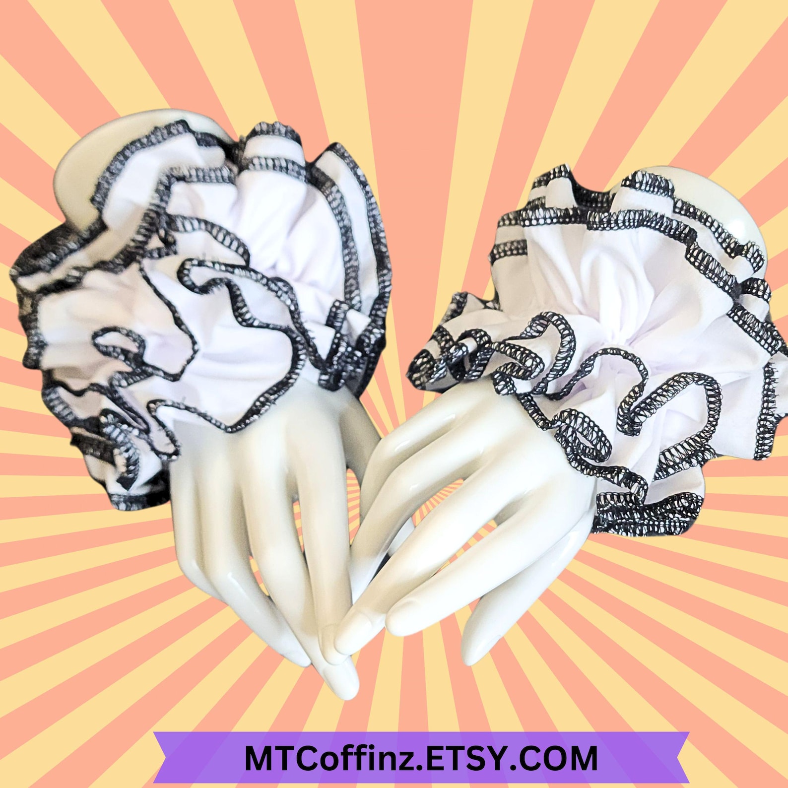 White Pierrot Clown Ruffle Cuff Set With Black Trim Cotton Clowncore ...
