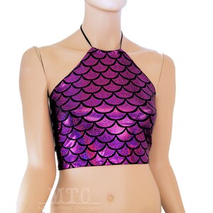 Holographic Pink Dragon Scales Mermaid Scales Glitter Halter Corset Lacing Adjustable Size Boho ...