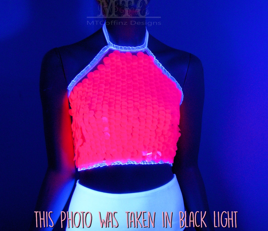 Neon Pink UV Reactive Sequined Sheer Mesh Iridescent Sequin Corset ...