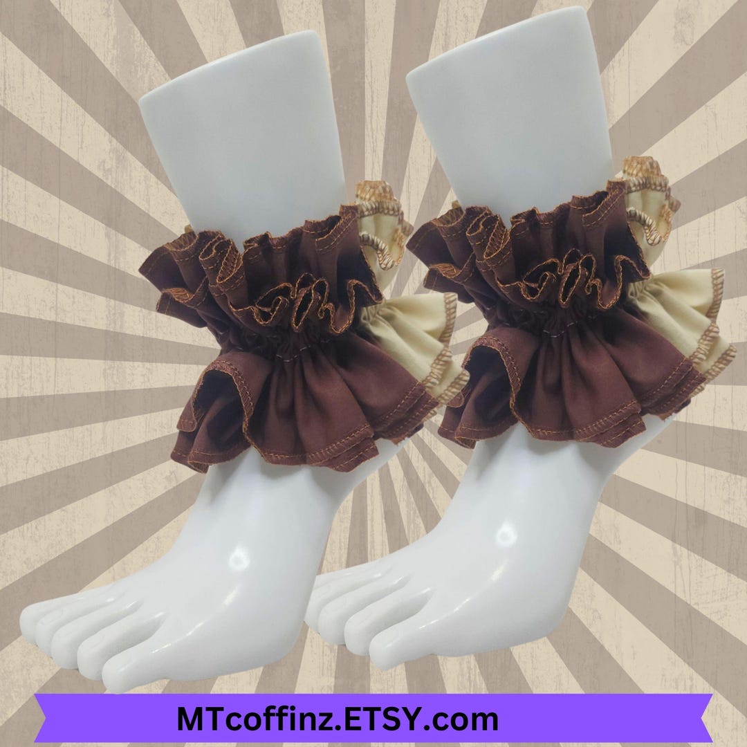 Brown Tan Steampunk Ruffle Ankle Cuff Set With White Trim Cotton ...
