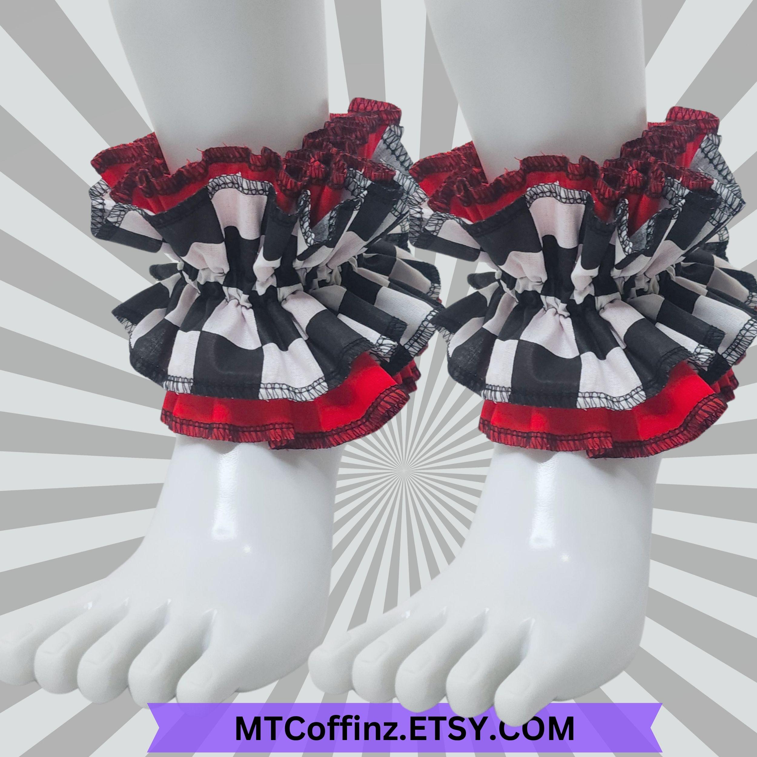 Red and Checkerboard Ruffle Ankle Cuff Set Clowncore Bracelet Harlequin ...