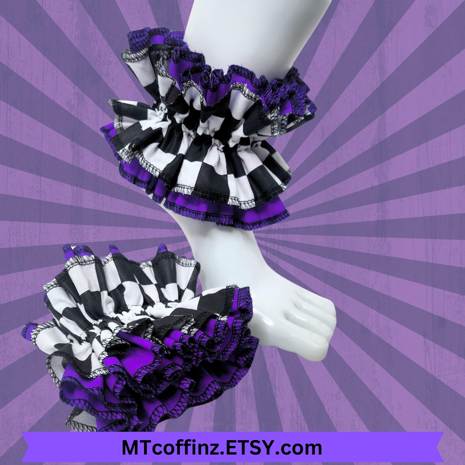 Purple and Checkerboard Ruffle Ankle Cuff Set Clowncore Bracelet ...