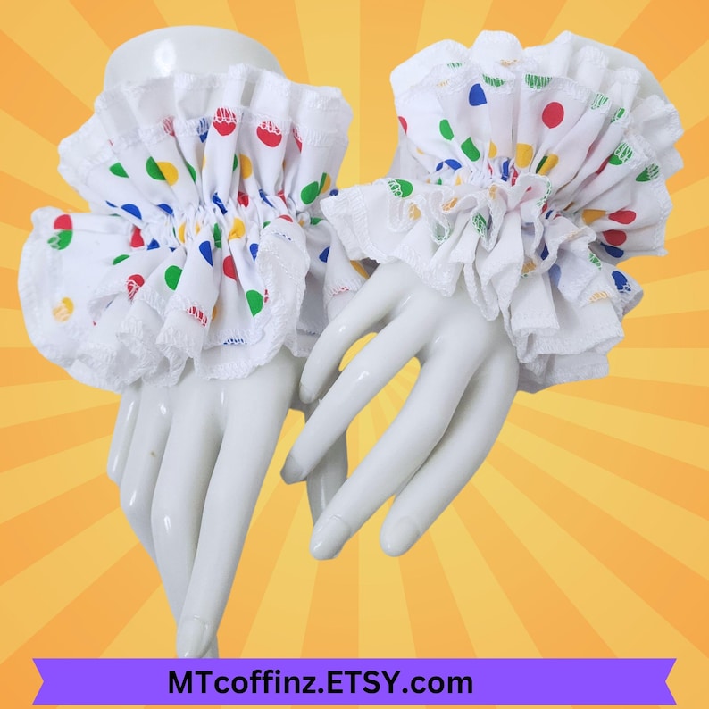 Polka Dots White Pierrot Clown Ruffle Cuff Set With Black Trim Cotton Clowncore Bracelet ...