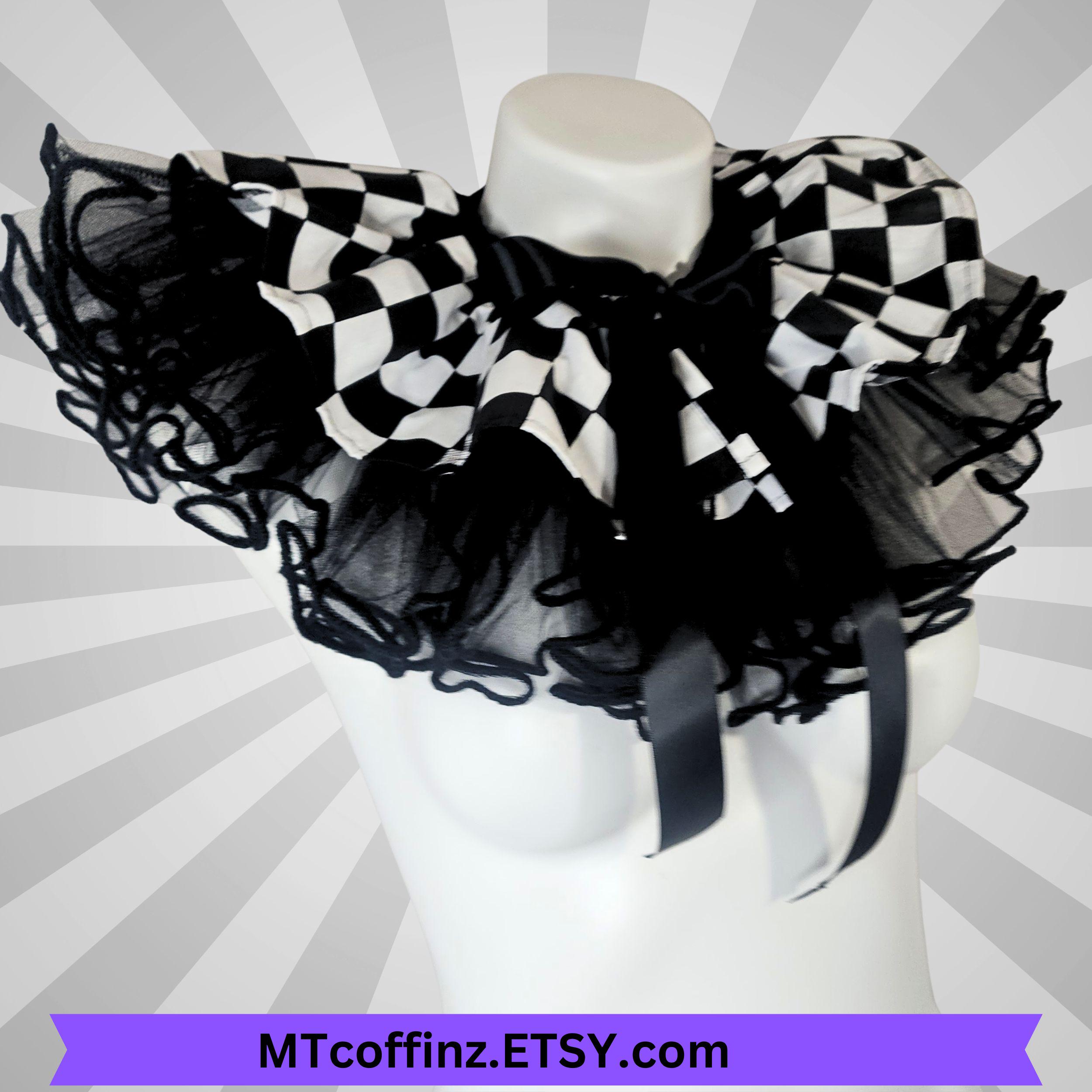 Checkerboard Black Clowncore Clown Ruff Ruffled Jester Costume Collar ...