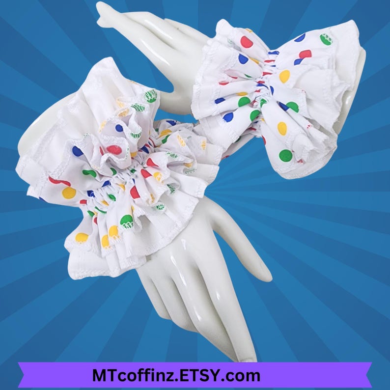 Polka Dots White Pierrot Clown Ruffle Cuff Set With Black Trim Cotton Clowncore Bracelet ...