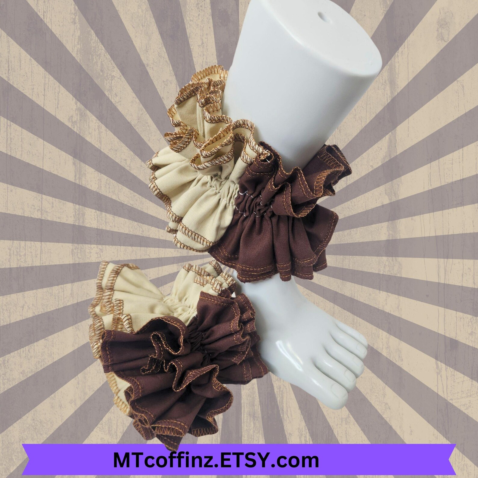 Brown Tan Steampunk Ruffle Ankle Cuff Set With White Trim Cotton ...