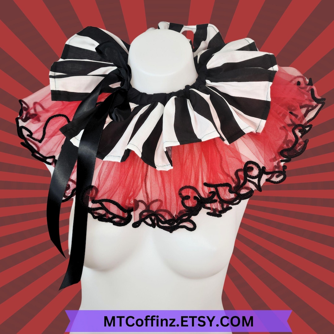 Clowncore Striped Primary Red Clown Ruff Ruffled Costume Collar Pierrot Cosplay Halloween Circus ...