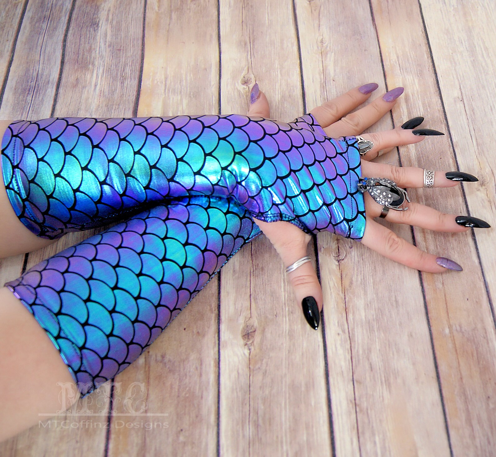 Mermaid Scales Arm Warmers Fingerless Gloves Holographic Color Shifting ...