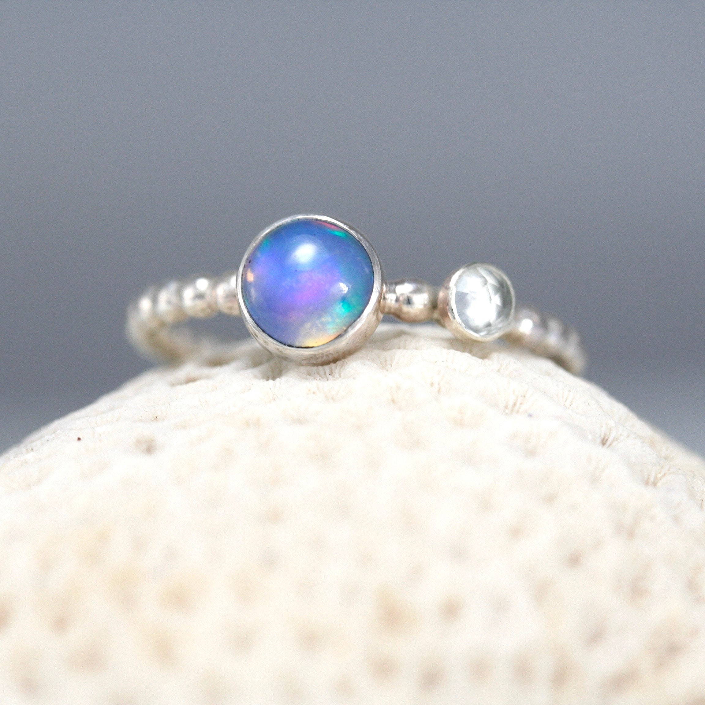 Opal ring sterling silver stacking ring opal and aquamarine | Etsy