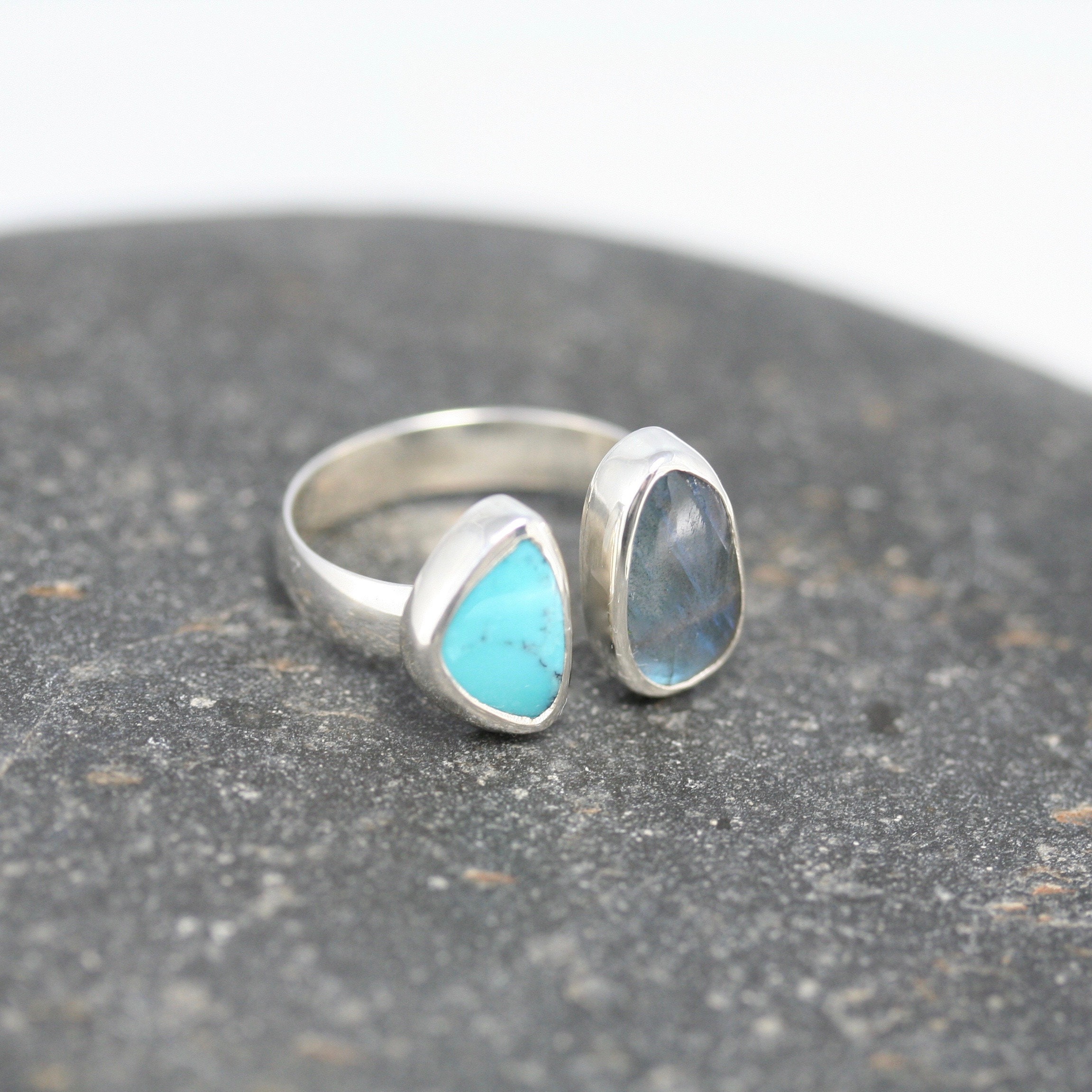 Double Gemstone Ring, Turquoise and Labradorite Ring, Rose Cut Gemstone ...