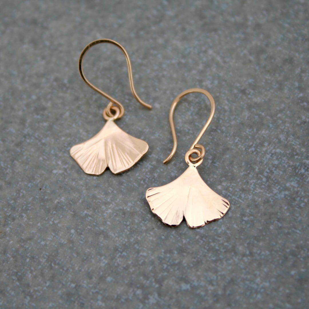 Solid Gold Ginkgo Leaf Earrings, Petite 14k Gold Leaf Dangle Earrings ...