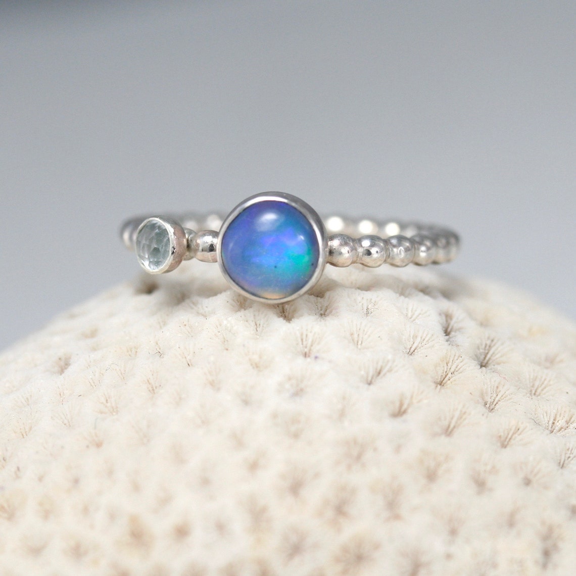 Opal Ring Sterling Silver Stacking Ring Opal and Aquamarine - Etsy