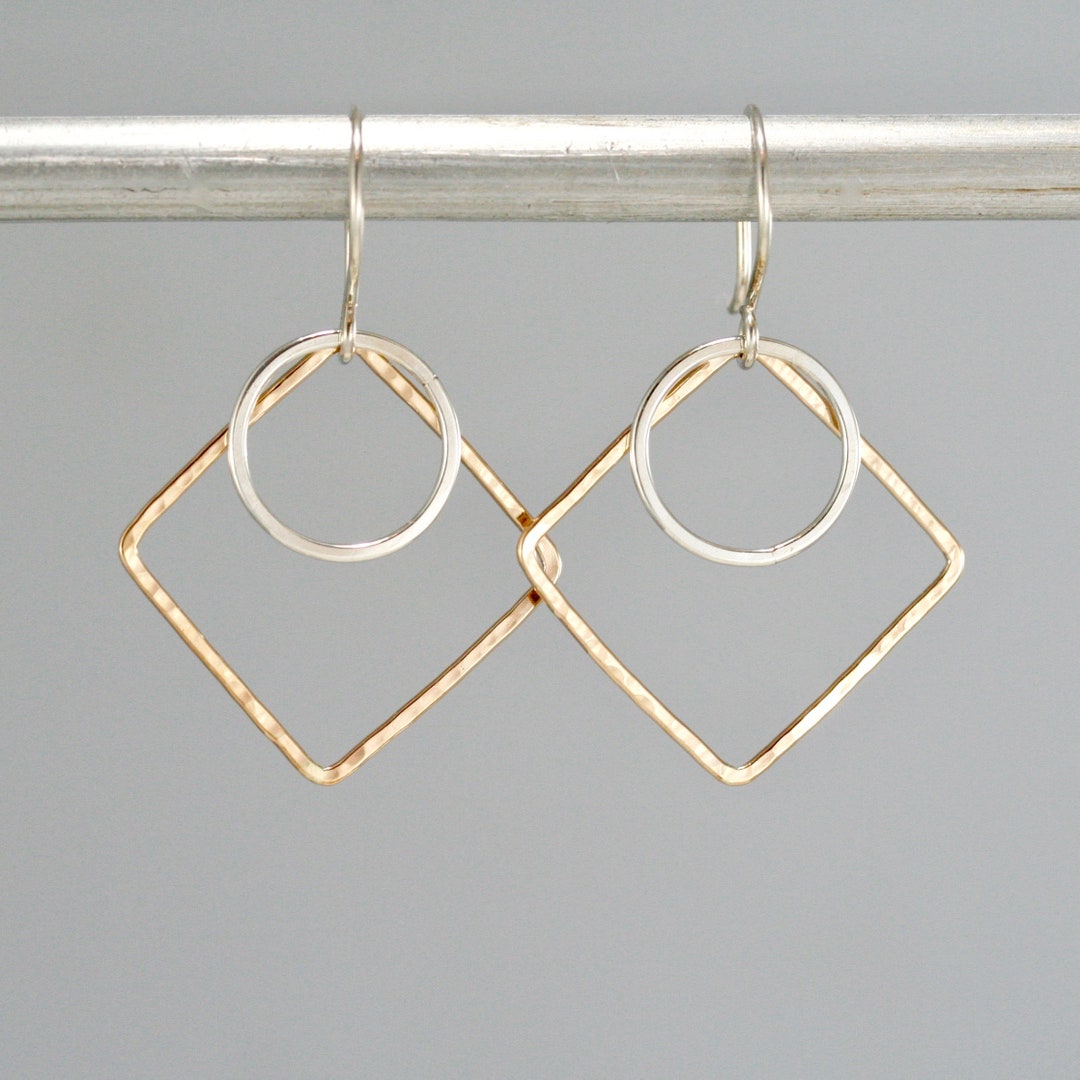 Mixed Metal Geometric Hoop Earrings, 14k Gold Filled and Sterling ...