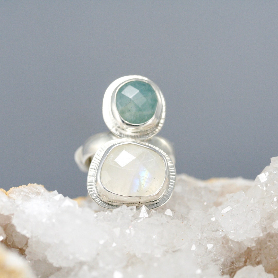 Double Gemstone Ring, Amethyst and Moonstone Ring, Rose Cut Gemstone ...