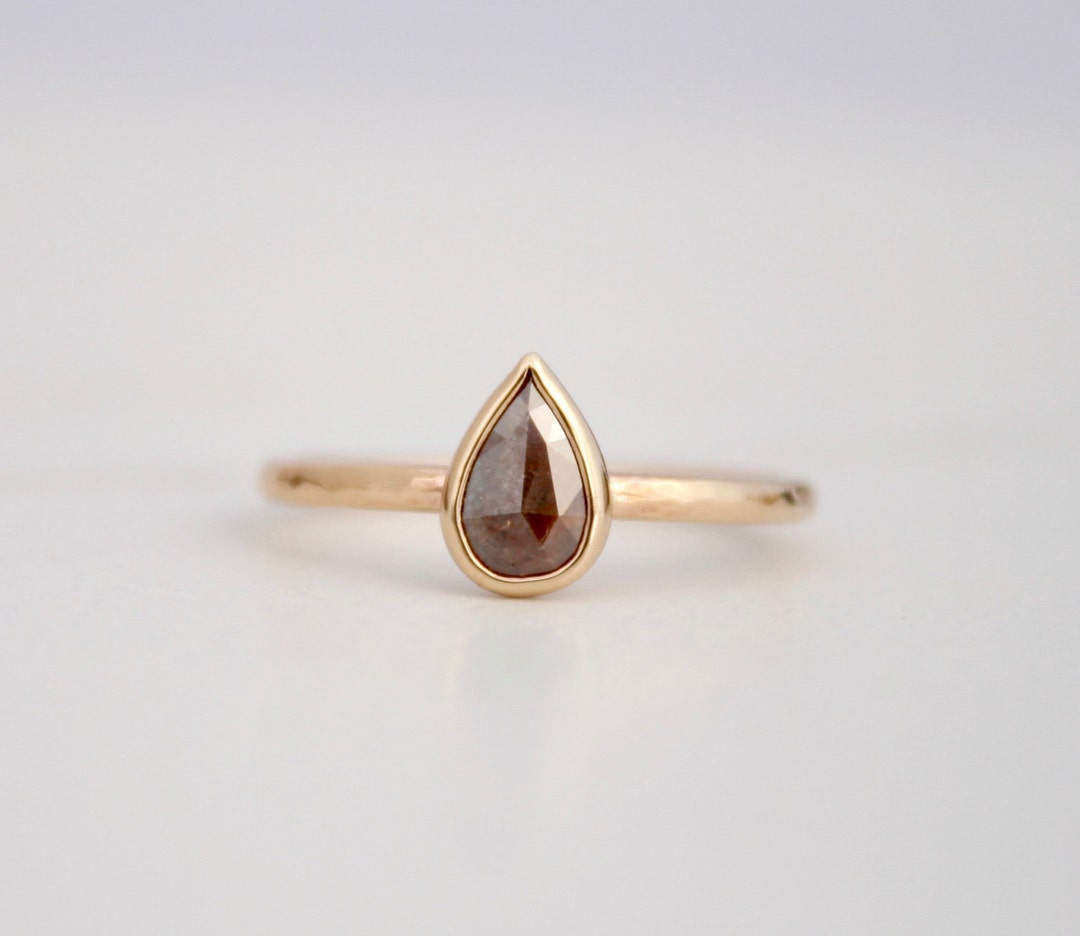 Rose Cut Diamond Ring, Pear Shape Brown Diamond and 14k Solid Gold ...