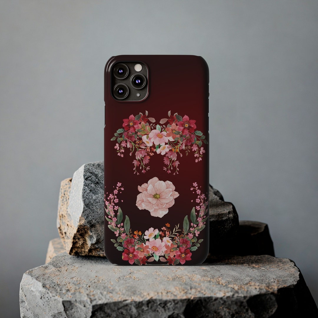 Dark Maroon Red and Pink Floral Phone Case for iPhone 16 15 14 13 12 11 ...