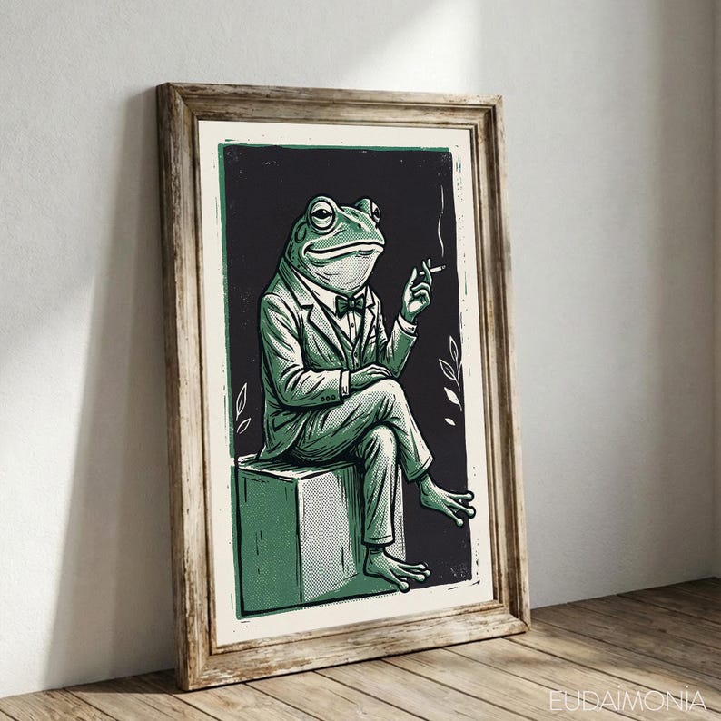Anthropomorphic Frog Illustration | Linocut Style Animal Art | Dark ...