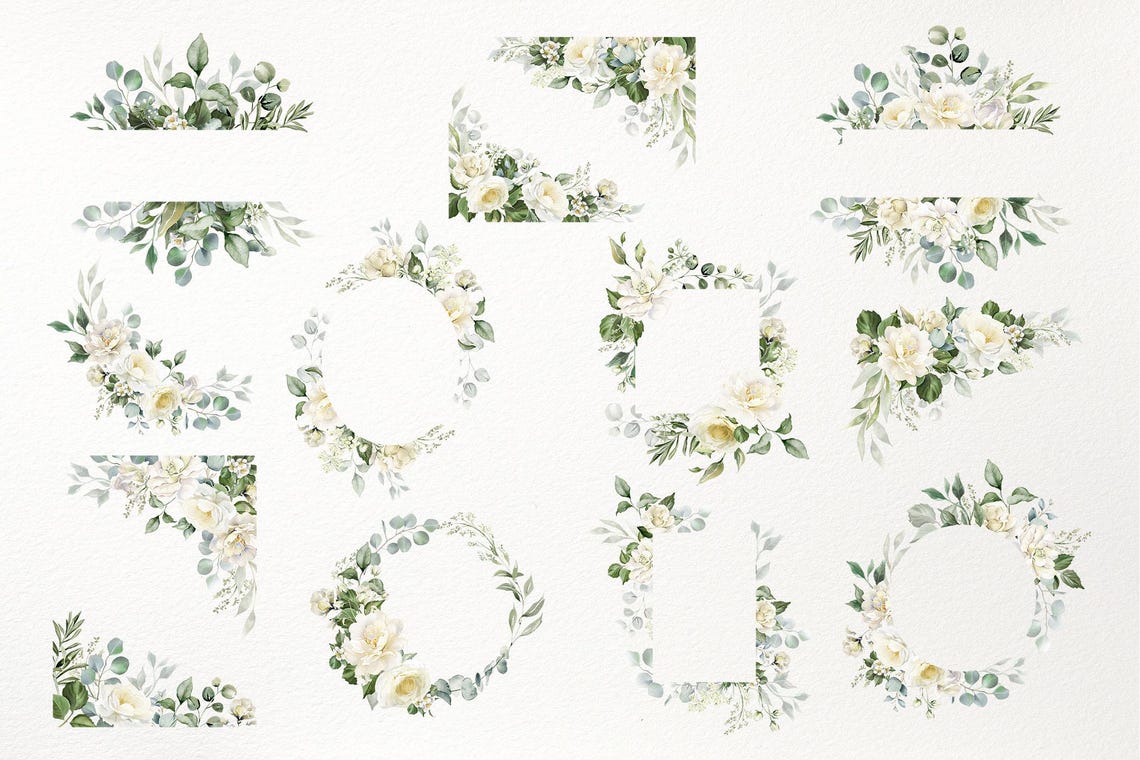 Watercolor White Flowers Border Frame Clipart. White Rose Background ...