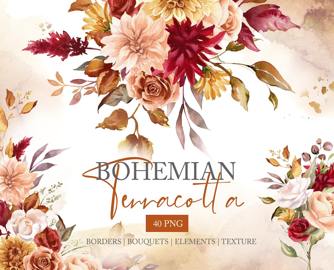 Fall Floral Watercolor Clipart. Autumn Flowers PNG. Terracotta Bohemian ...