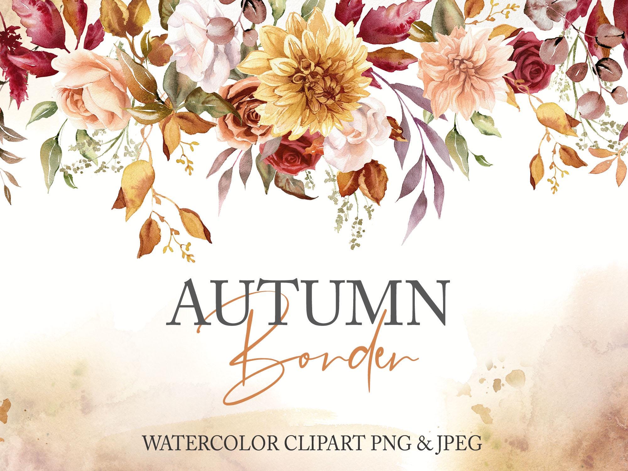 Autumn Flowers Seamless Border PNG. Fall Floral Clipart. Terracotta ...