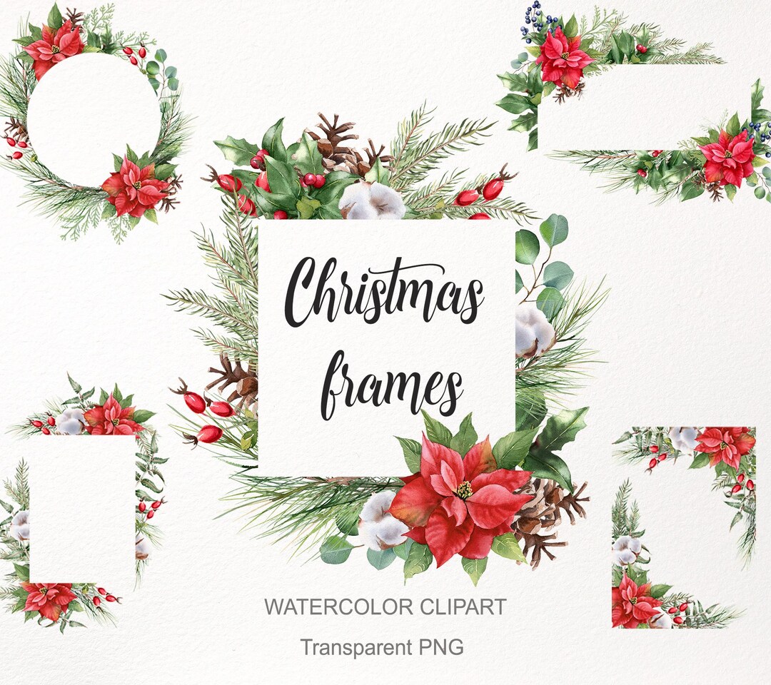 Christmas Frame Clipart. Poinsettia Watercolor Border PNG. Winter ...