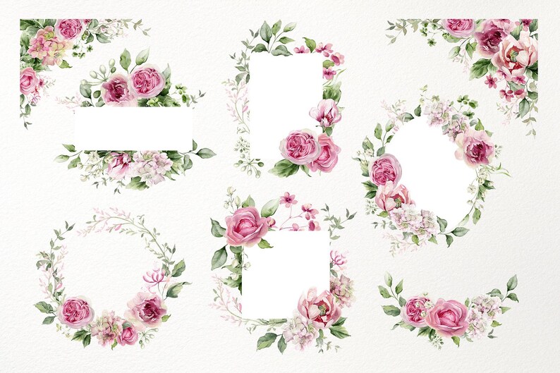 Pink Flowers Clipart. Watercolor Rose, Peony PNG. Floral Border, Wreath ...