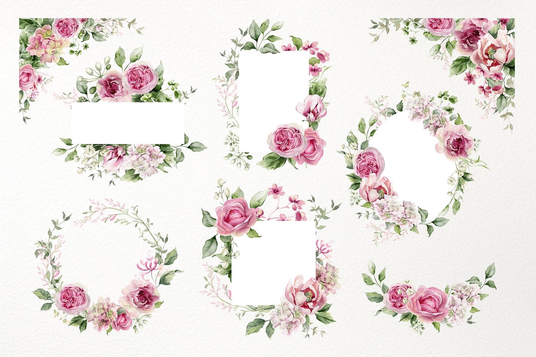 Pink Flowers Clipart. Watercolor Rose, Peony PNG. Floral Border, Wreath ...