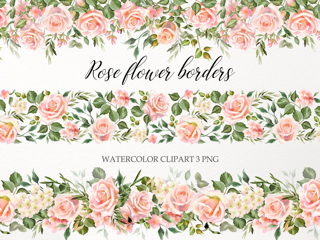 Floral Border Clipart. Watercolor Blush Rose Flower Frame PNG. Seamless ...