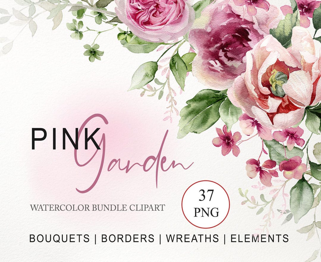 Pink Flowers Clipart. Watercolor Rose, Peony PNG. Floral Border, Wreath ...