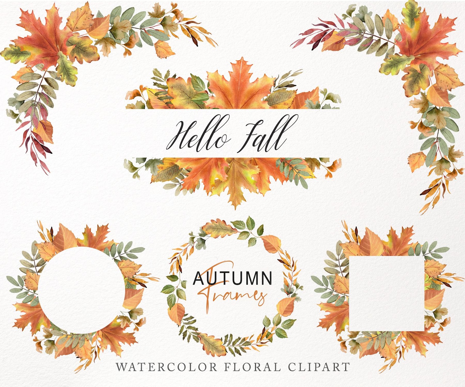 Fall Leaves Clipart. Watercolor Autumn Border PNG. Maple Leaf Wreath ...