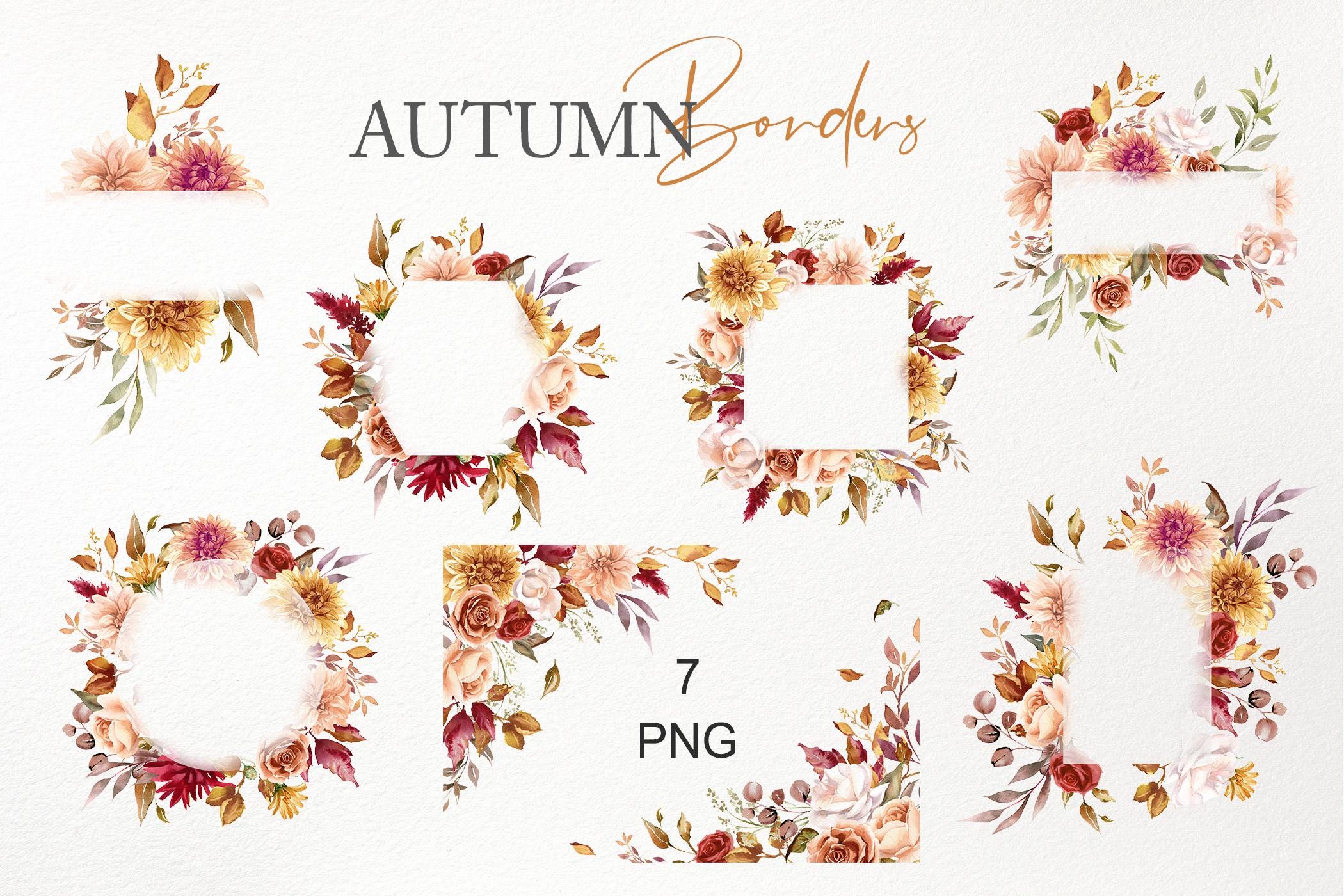 Fall Floral Frame Clipart. Watercolor Autumn Border PNG. Terracotta ...